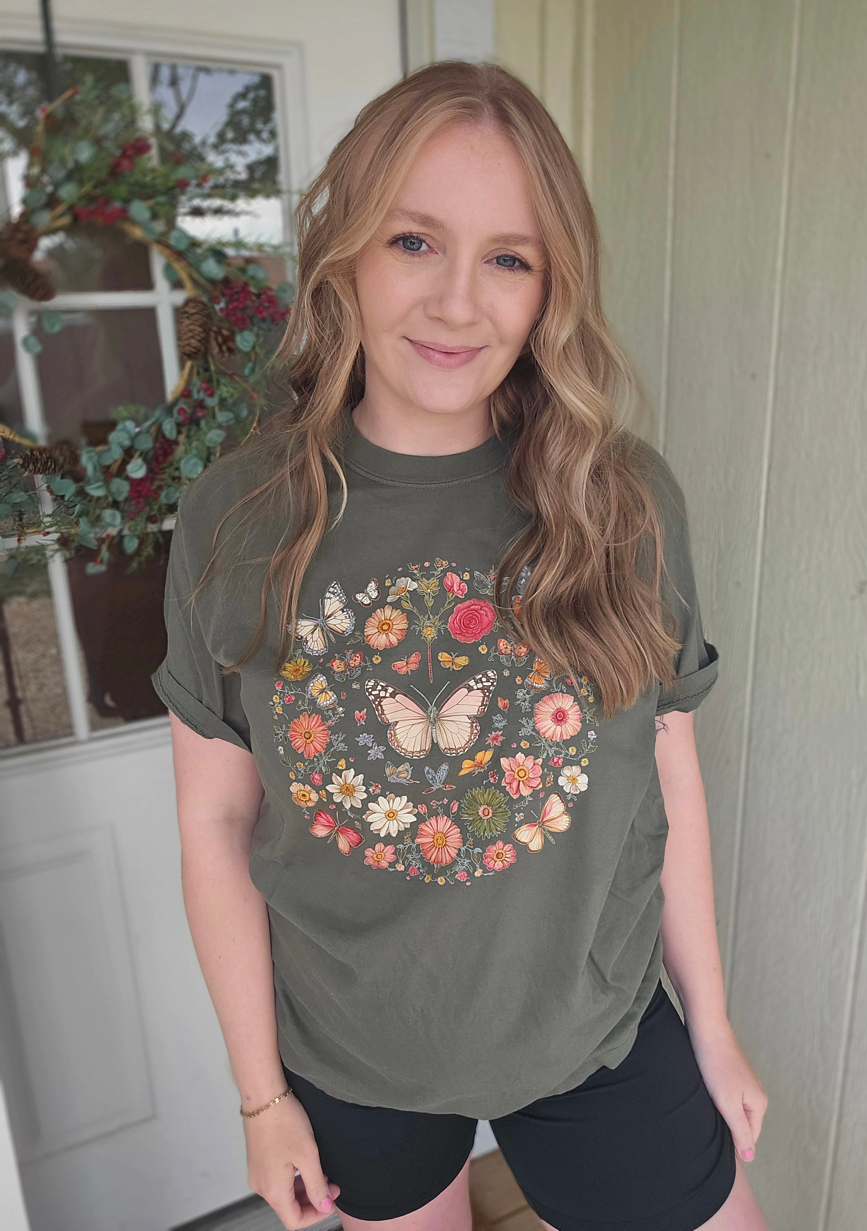 FLORAL BUTTERFLY Olive Vintage Wash Tee – Boho Mama Creations