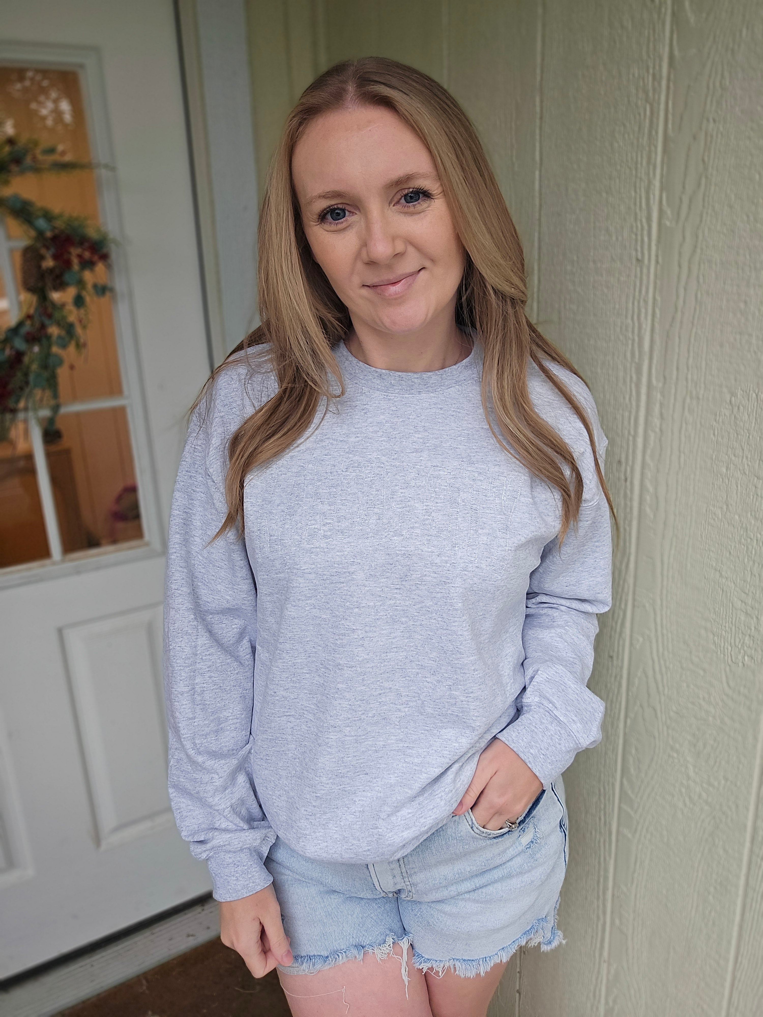 KC Varsity Tone-on-Tone Embroidered Ash Grey Crewneck – Boho Mama Creations