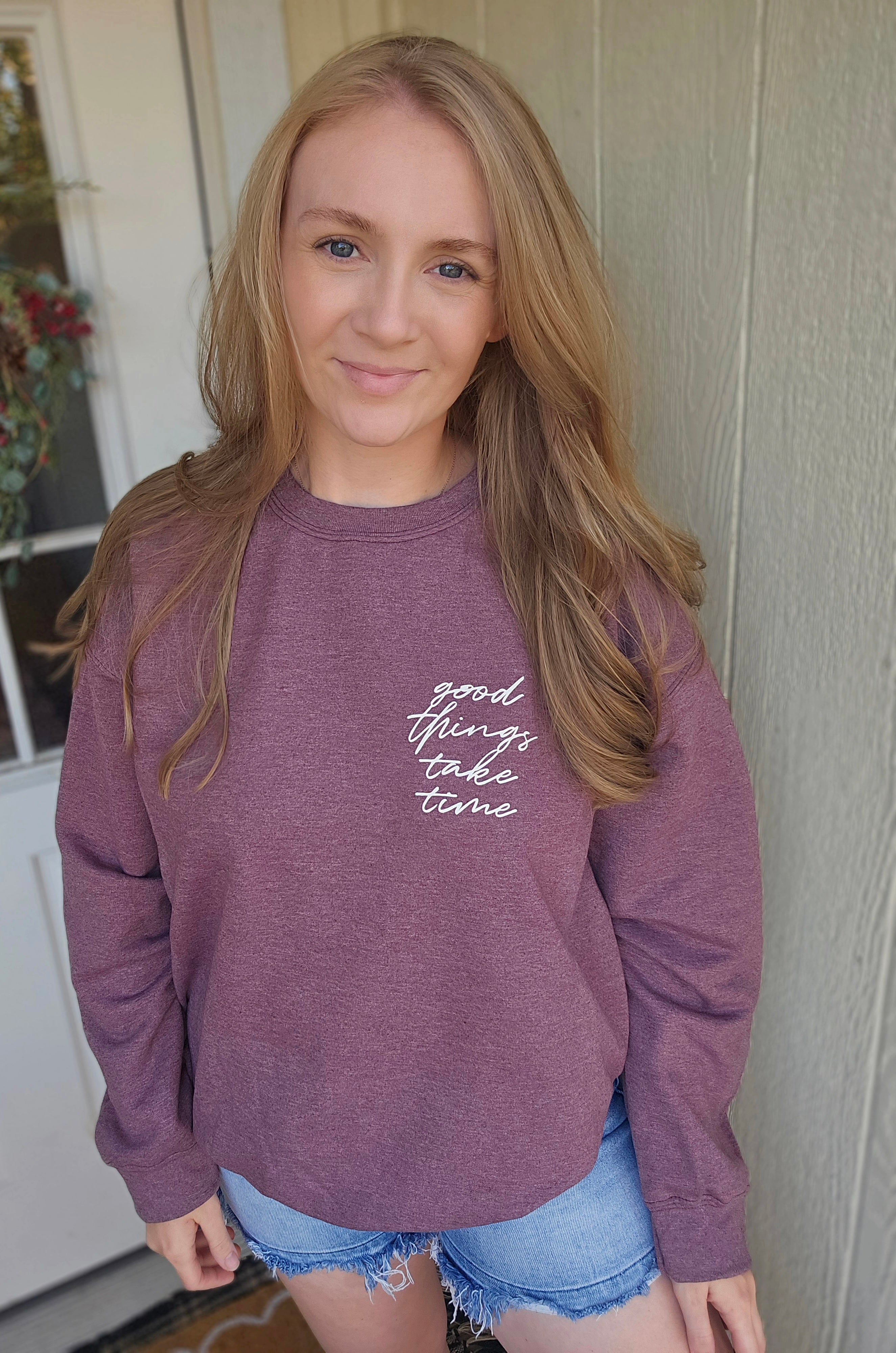 GOOD THINGS TAKE TIME Heather Maroon Crewneck Sweatshirt – Boho Mama ...